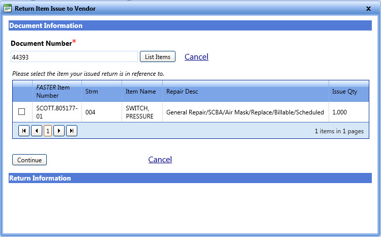 Returning the Issued Items from a Work Order or Direct Charge to a Vendor