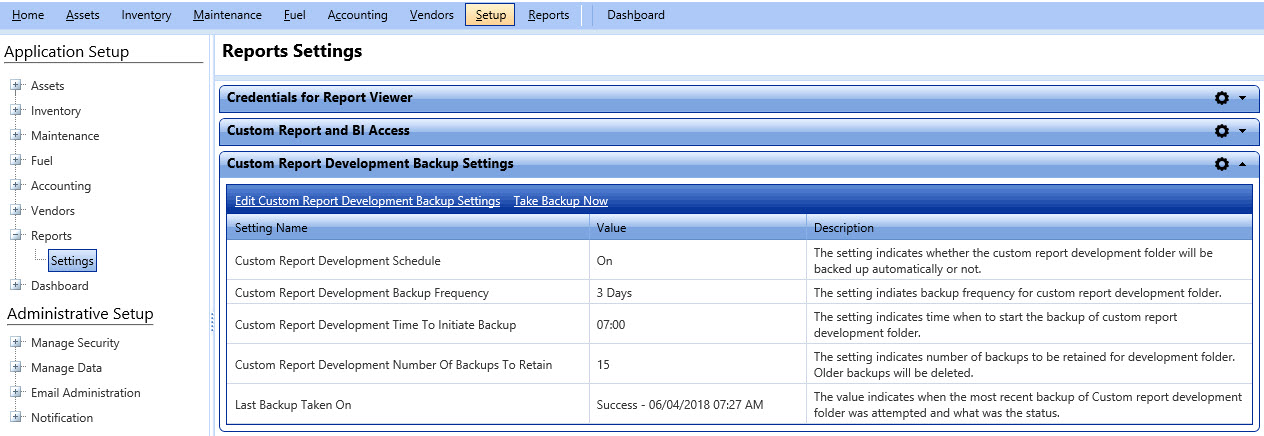 Image Custom Report Backup Settings